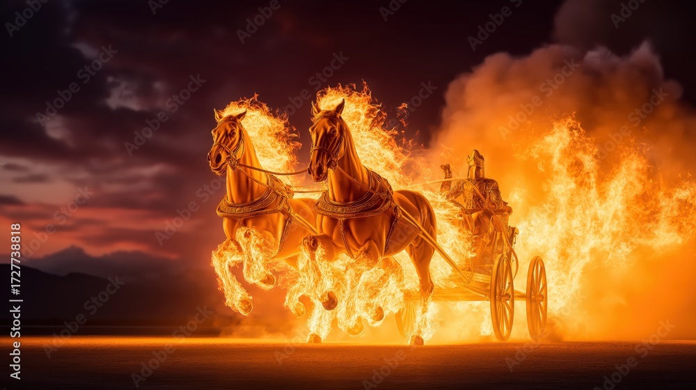 Elijah ascends in a chariot of fire. A fiery chariot rises above the ...
