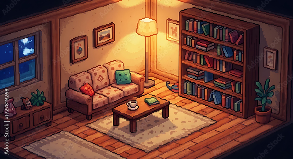 Illustration Stock Cozy Pixel Art Living Room with Retro 8-Bit Design ...