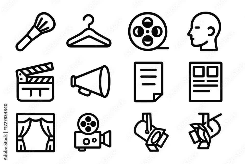 Cinema Production Icons. Behind the scenes icons in outline style ...