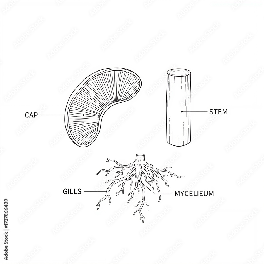 Anatomy of a mushroom cap, gills, stem, and mycelium strands separated ...