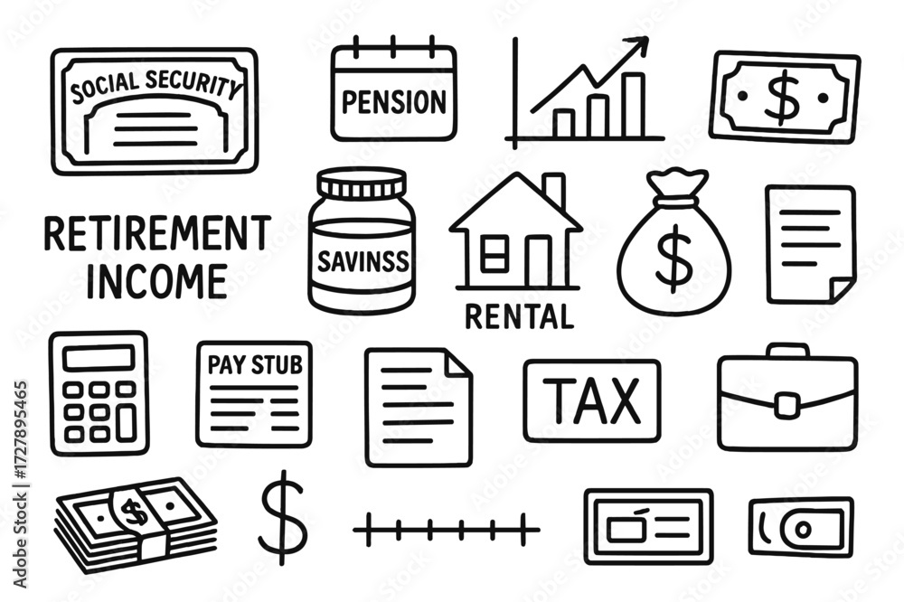 Retirement Income Icons. Hand-drawn doodle illustration retirement ...
