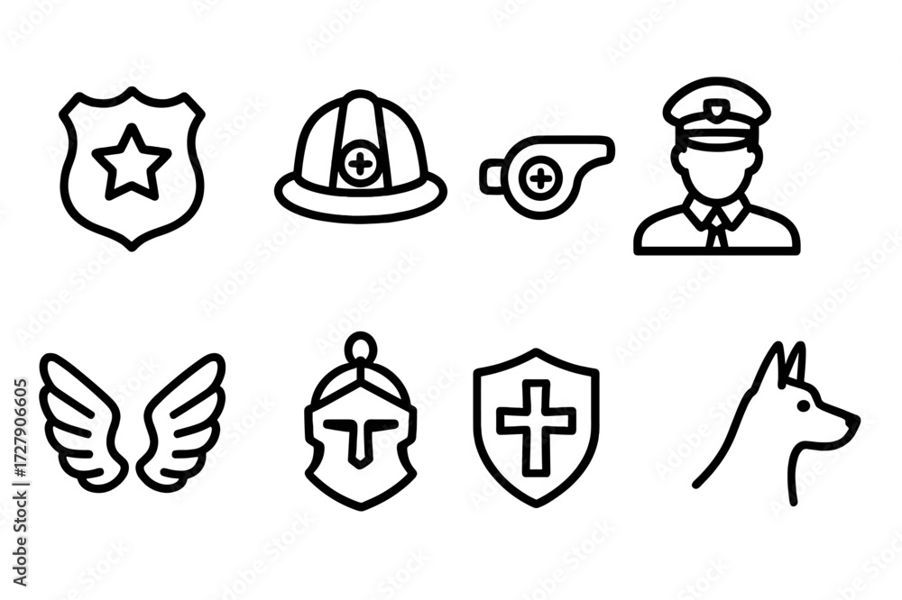 Guardian Roles Icons. Outline icon set of guardian roles: police badge ...