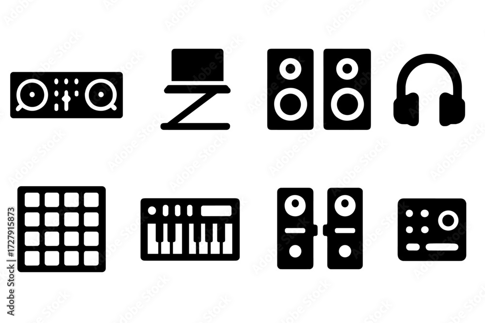 DJ Gear Icons. Solid, filled icon set of DJ gear setup: dual turntables ...