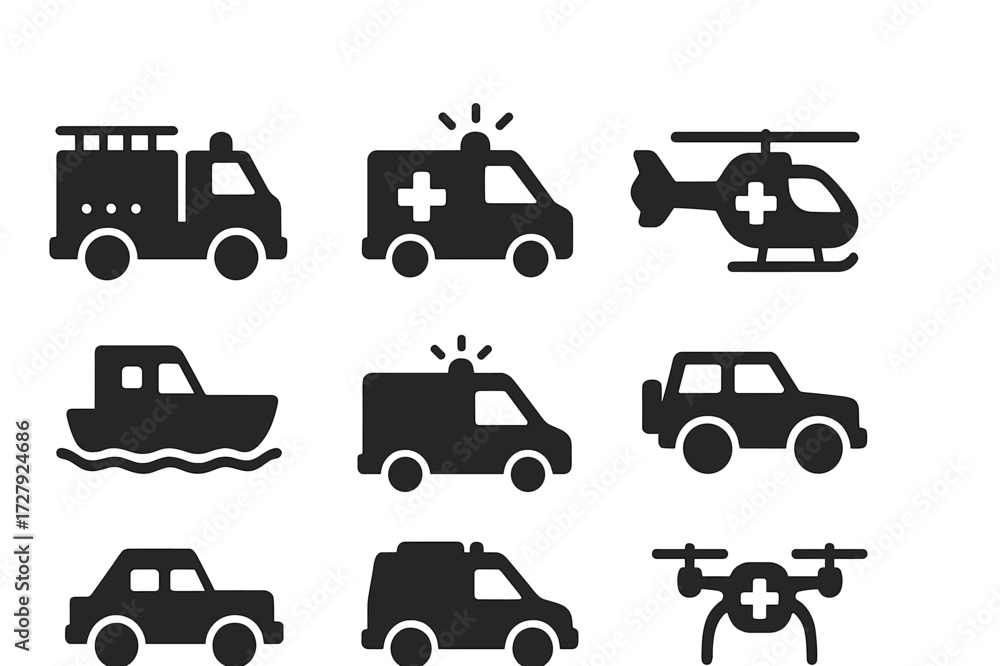 Rescue Vehicles Icons. Solid, filled icon set of rescue vehicles: fire ...