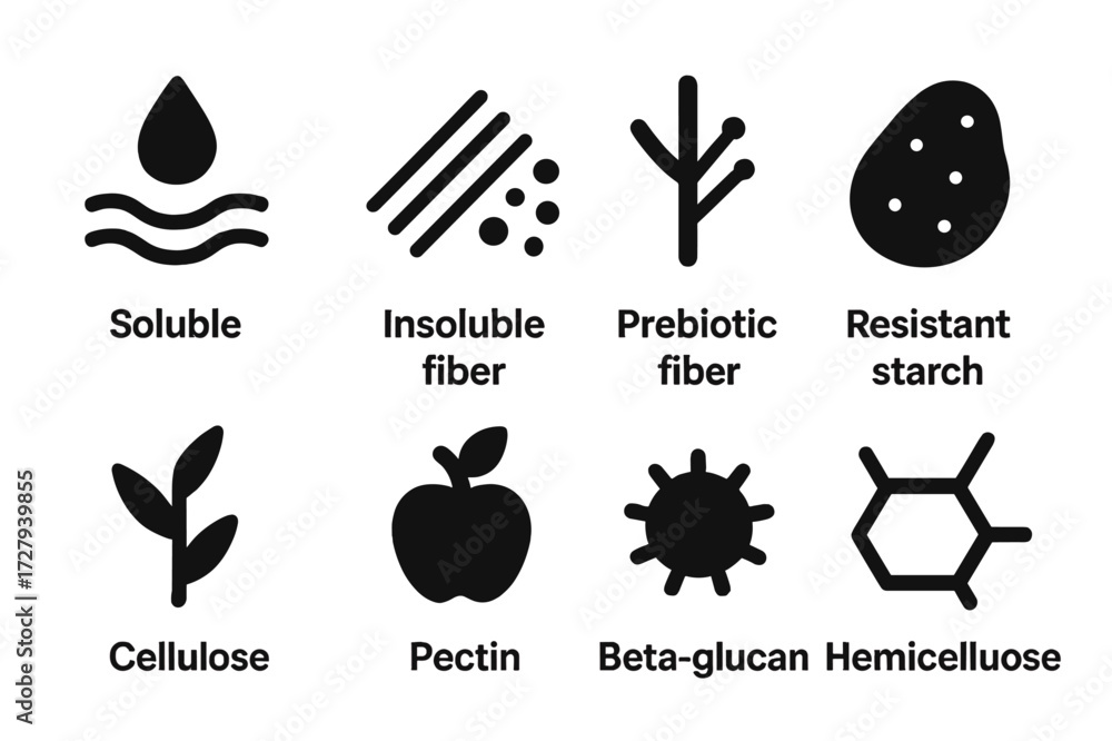 Vector de Stock Dietary Fiber Icons. Solid, filled icon set of dietary ...
