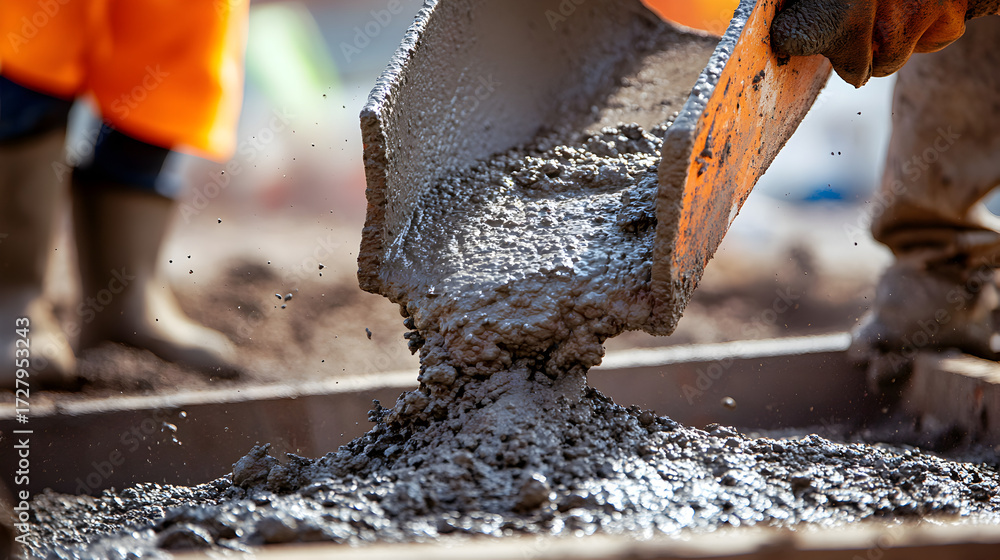 Pouring wet concrete from a trough with workers in boots visible in the ...