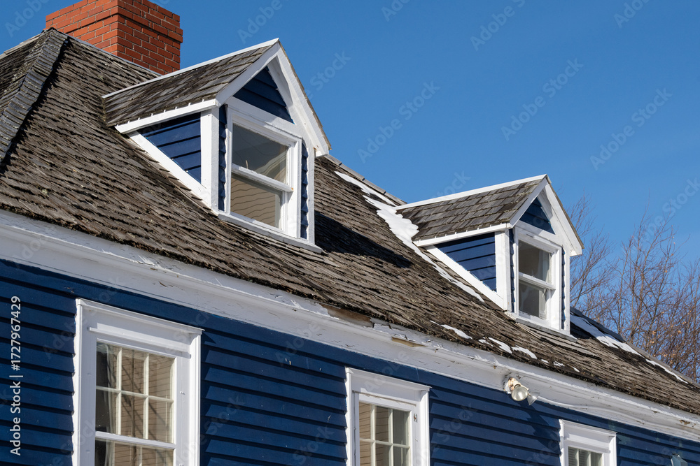 Vintage Mansard-style roof with two dormer windows, cedar shake roof ...