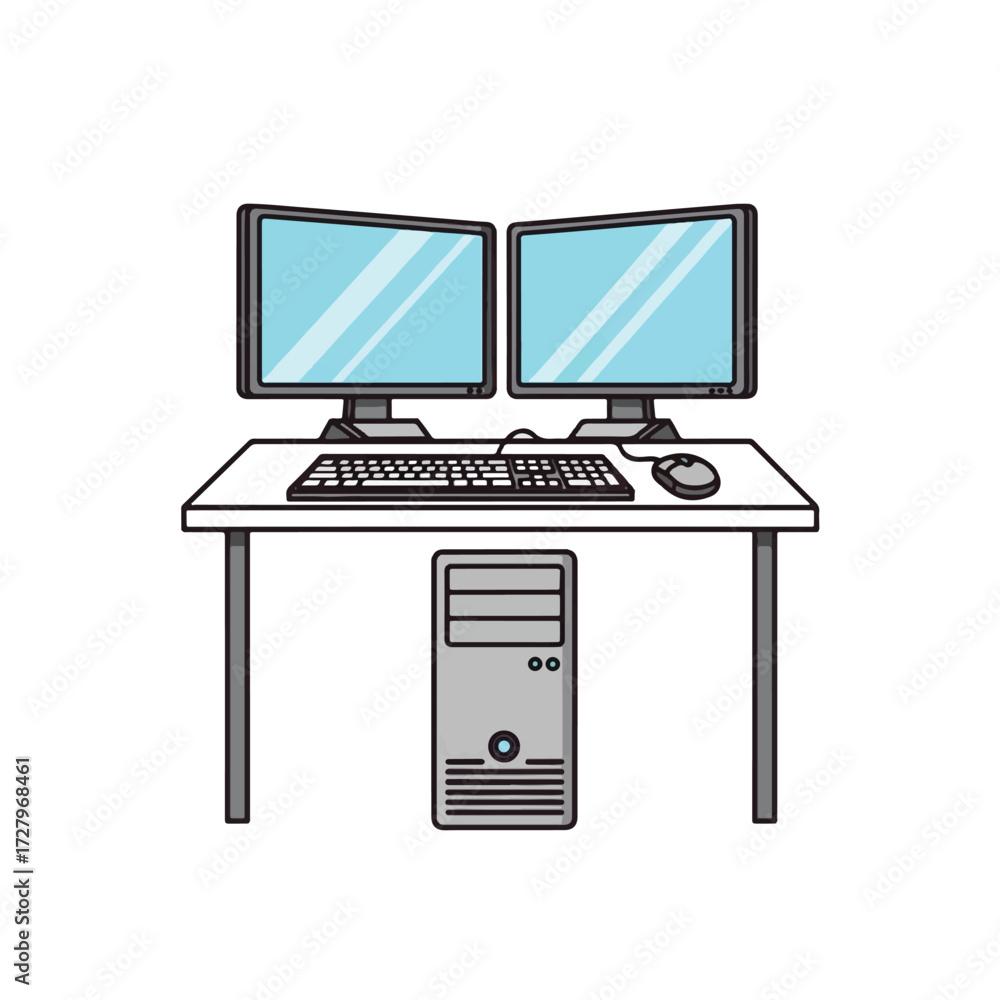 A dual-monitor computer setup with a desktop tower, keyboard, and mouse ...