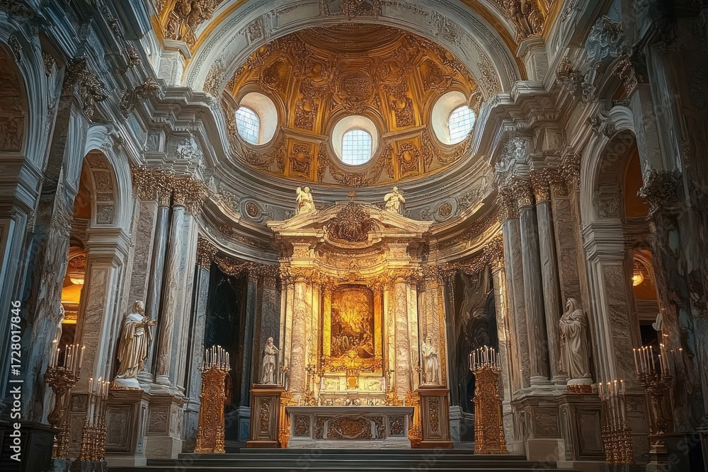 Ornate golden and marble church altar with detailed sculptures, columns ...