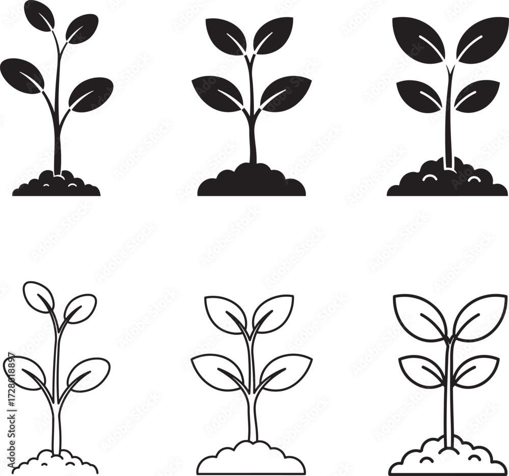 Six stylized illustrations of seedlings growing from soil in a grid ...