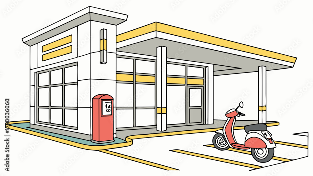 Modern Cartoon Gas Station and Convenience Store with Scooter ...