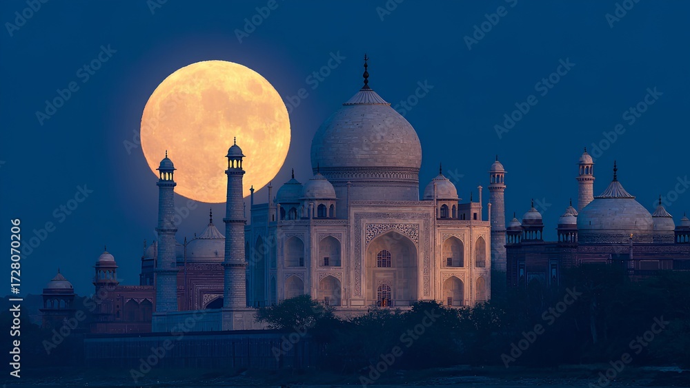 Taj Mahal with Full Moon – Stunning Night View of Iconic Monument in ...