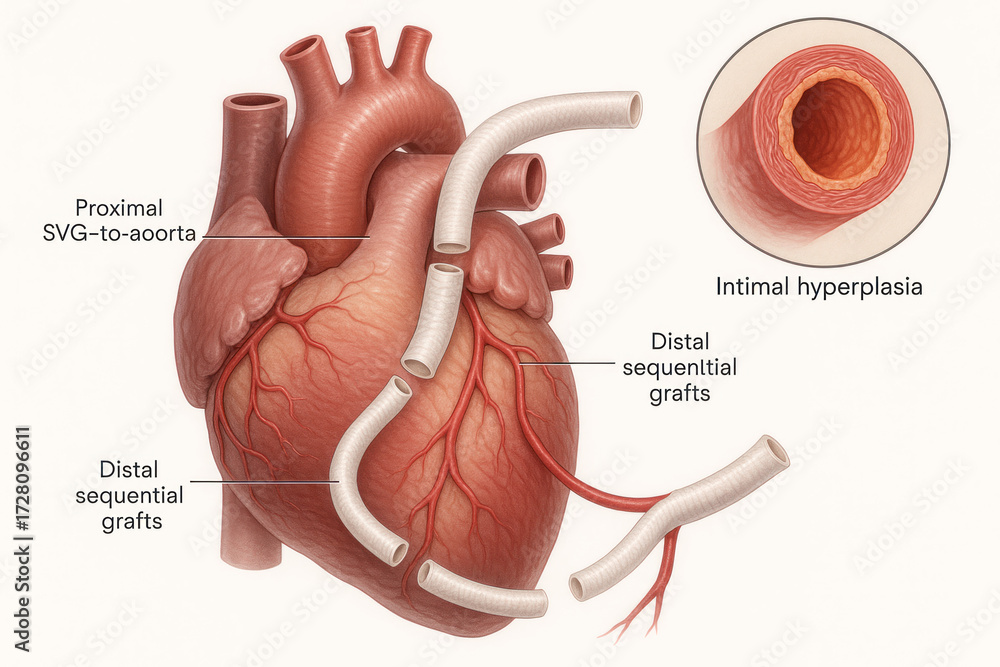 Illustration of a human heart with coronary artery bypass grafts and a ...