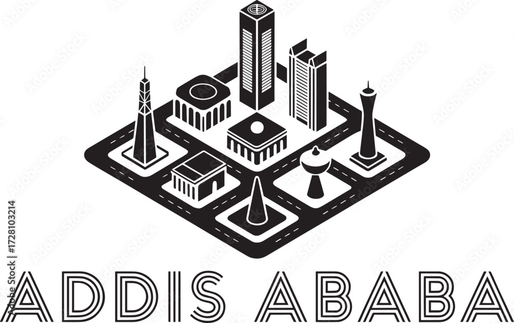 Addis Ababa city isometric map silhouette with famous landmark ...