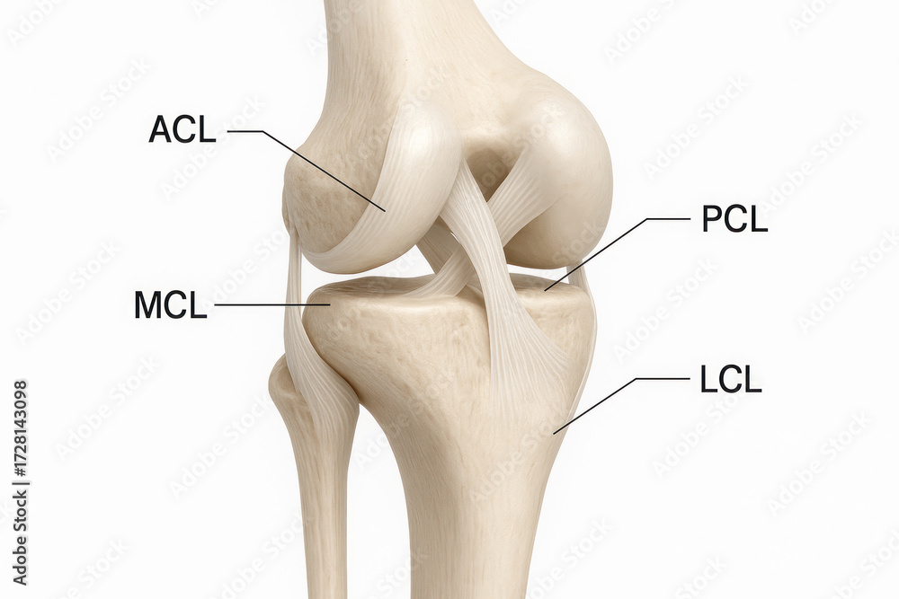 Anatomical illustration of the human knee joint, highlighting the ...