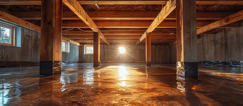 Well-lit crawl space with sunlight streaming through window, wooden ...