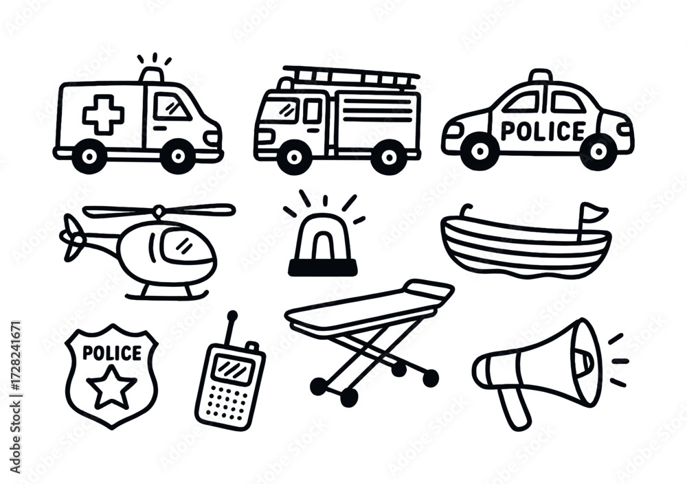 Emergency vehicles and equipment: ambulance, fire truck, police car ...
