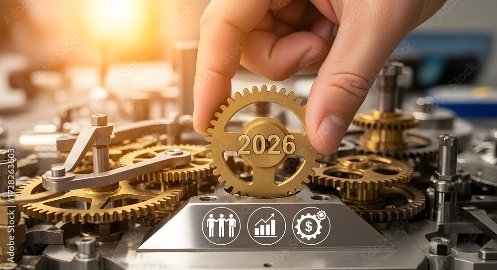 Future business planning concept for the year 2026. A hand integrates a ...