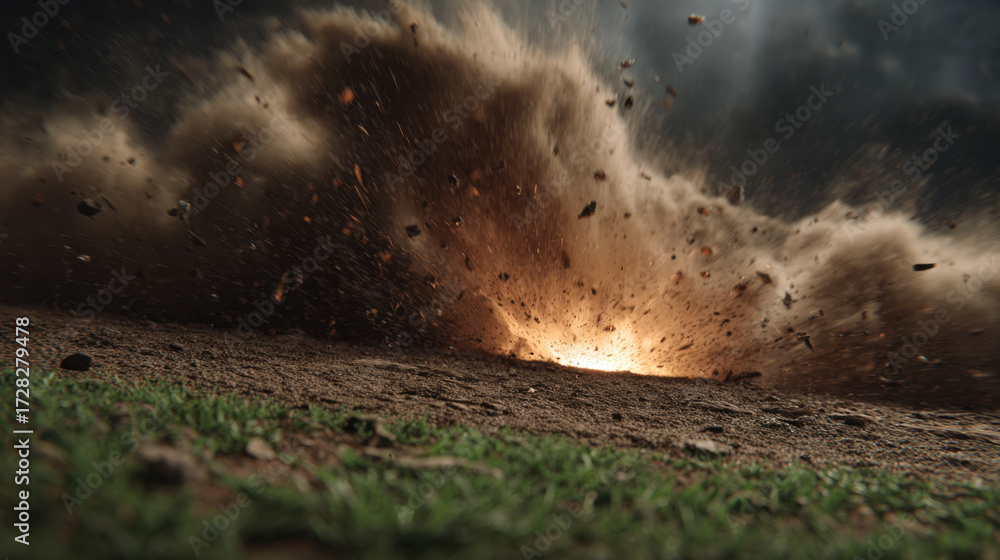 Explosion on dirt ground with flying debris and dust cloud creating ...