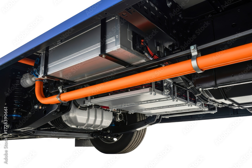 Electric vehicle chassis with battery packs and orange high voltage ...