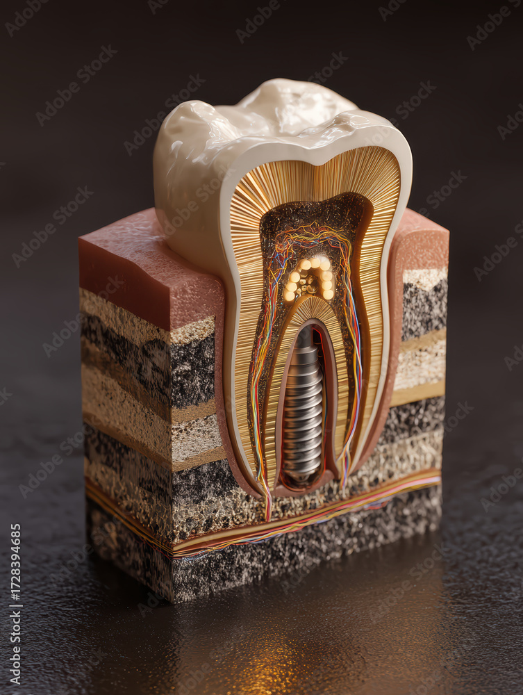 Hyper-realistic animation isometric cutaway of mandible segment showing ...