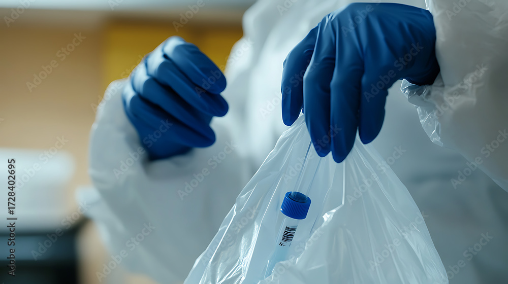 Fotografie Handling a Specimen: A healthcare worker wearing personal ...