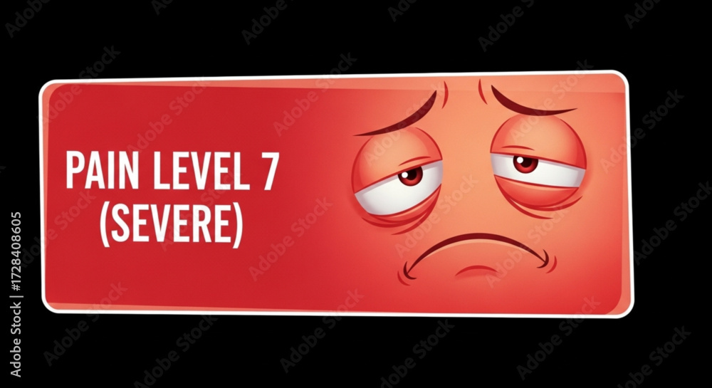 Red pain scale indicator with pain level seven and a cartoon face ...