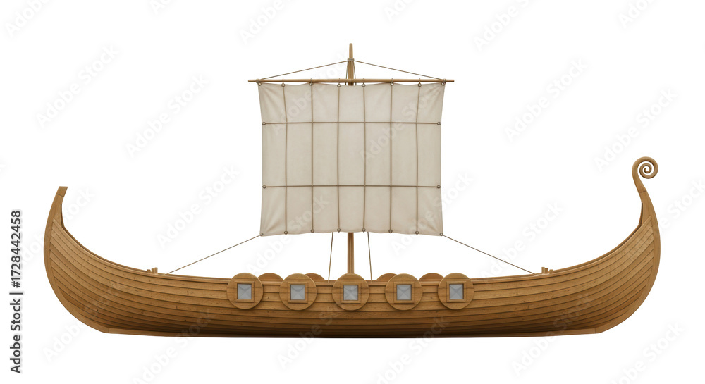 Isolated Wooden Viking Ship With Sail, Traditional Nordic Vessel ...
