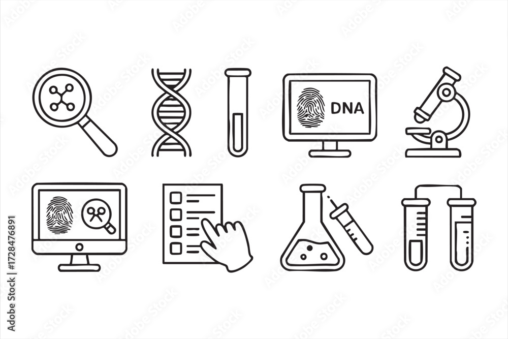 Laboratory and forensic science symbols, outline vector drawings of ...