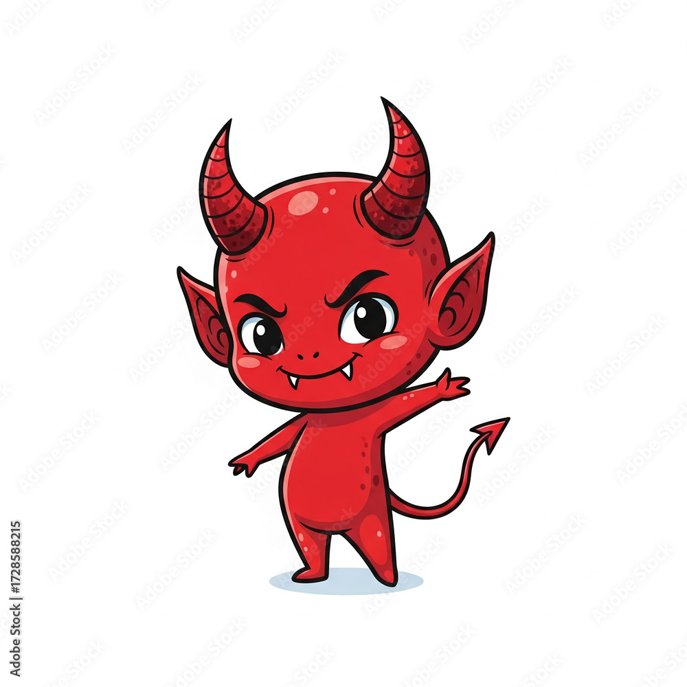 Cute cartoon devil, red body, horns, tail, mischievous expression ...