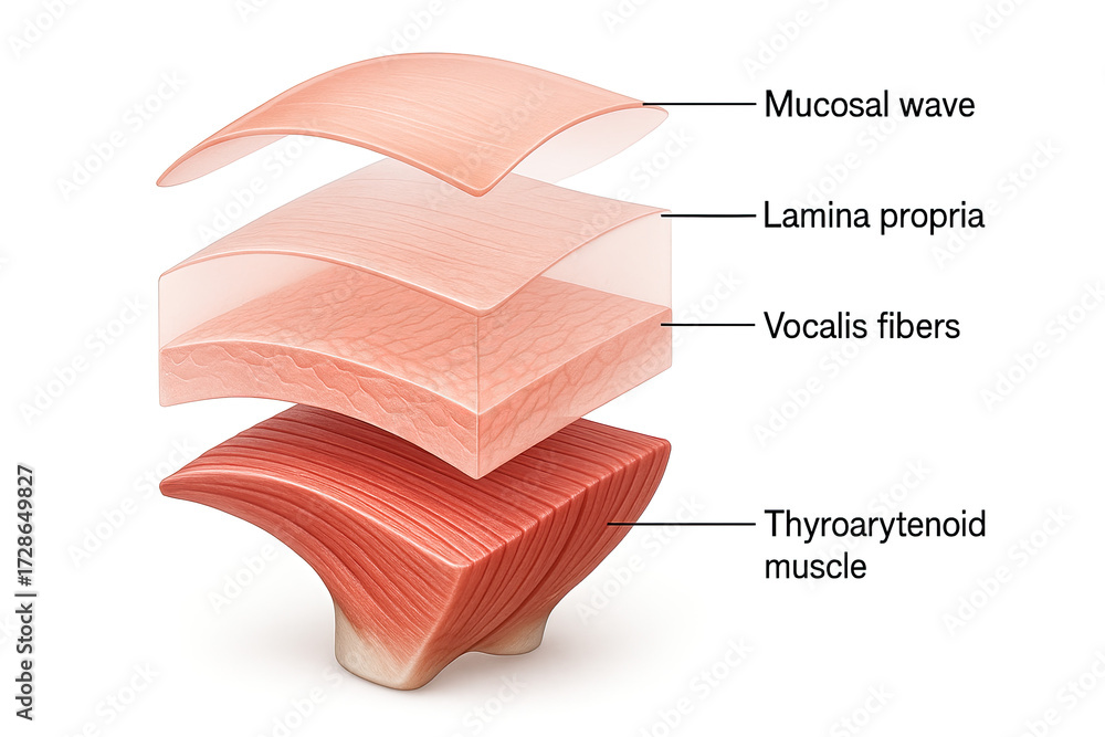 Diagram showing the layered structure of vocal fold tissues, including ...