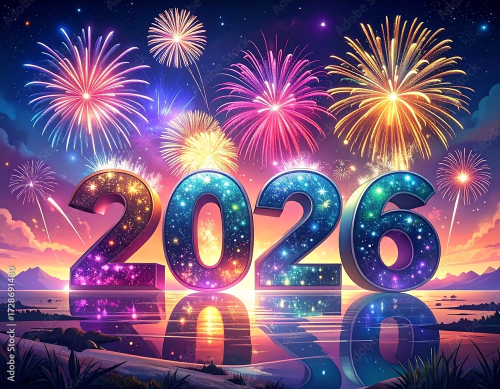 Photo Stock Colorful fireworks display over a calm ocean at sunset with ...