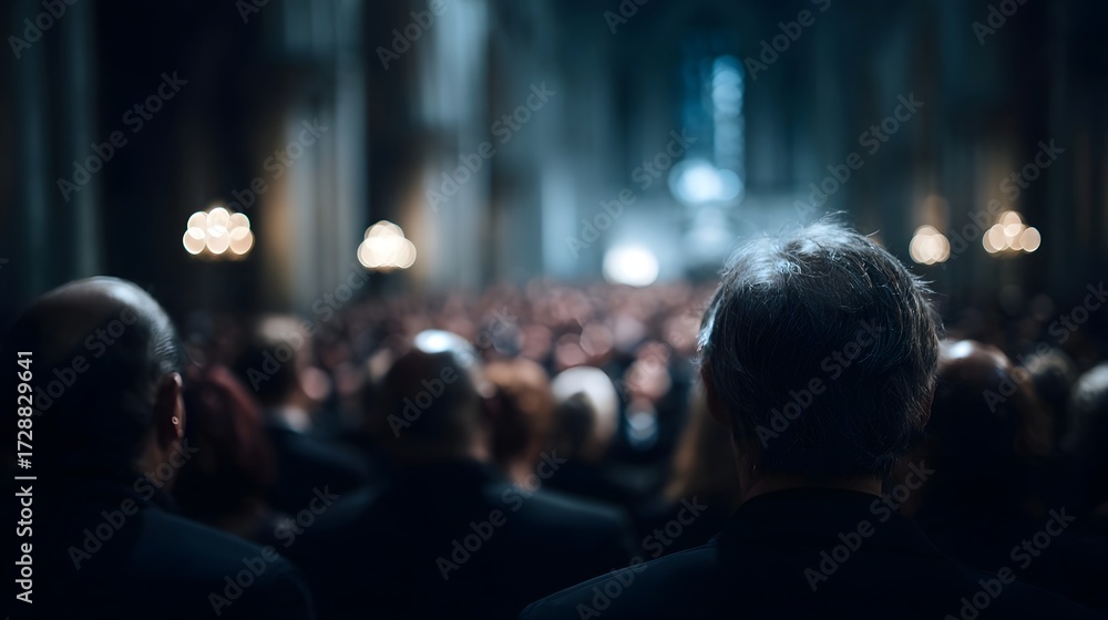 Back view of a solemn congregation attending an event in a grand dimly ...