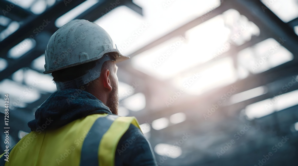 Construction worker in hard hat and hi vis vest looks up at industrial ...