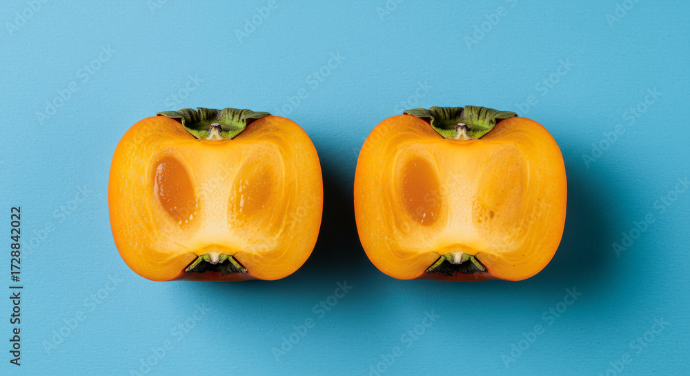Halved Persimmon Fruit Cross Section on a Minimal Blue Background Stock ...