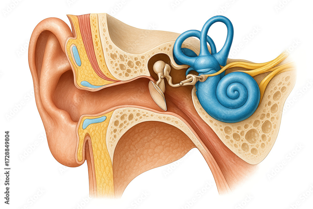 Detailed illustration of the human ear's internal anatomy, showcasing ...