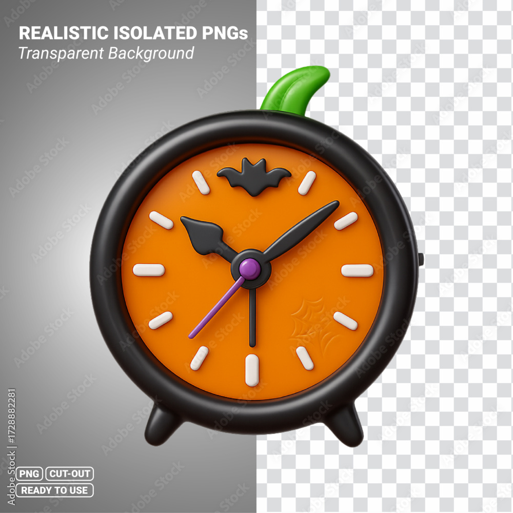Image vectorielle Stock Halloween pumpkin alarm clock with bat and ...
