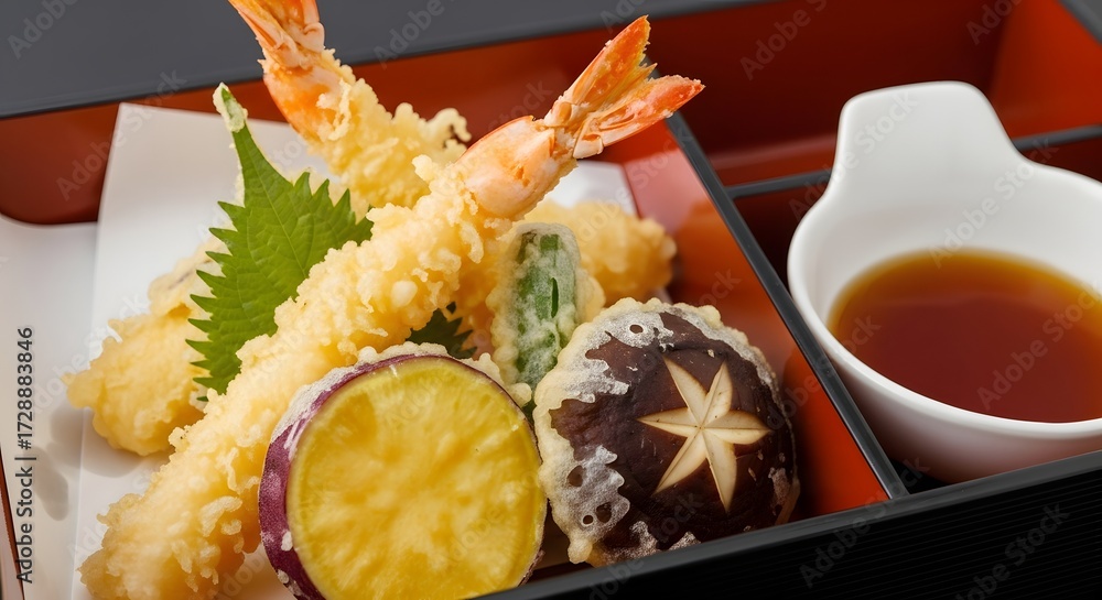 Delicious tempura shrimp and vegetables served in a traditional bento ...