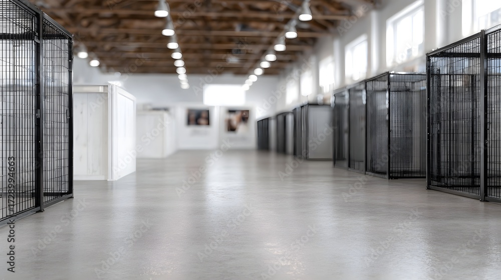 Brightly lit interior of a large event venue with rows of metal cages ...