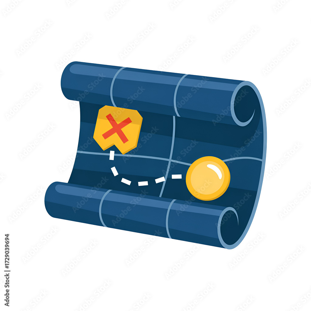 Cartoon Treasure Map with X Marks the Spot and Gold Coin scroll blue ...