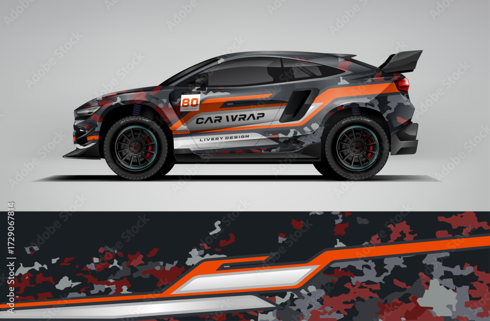 Racing Car Wrap Livery Design With Red Black Orange Camo Style. Livery ...