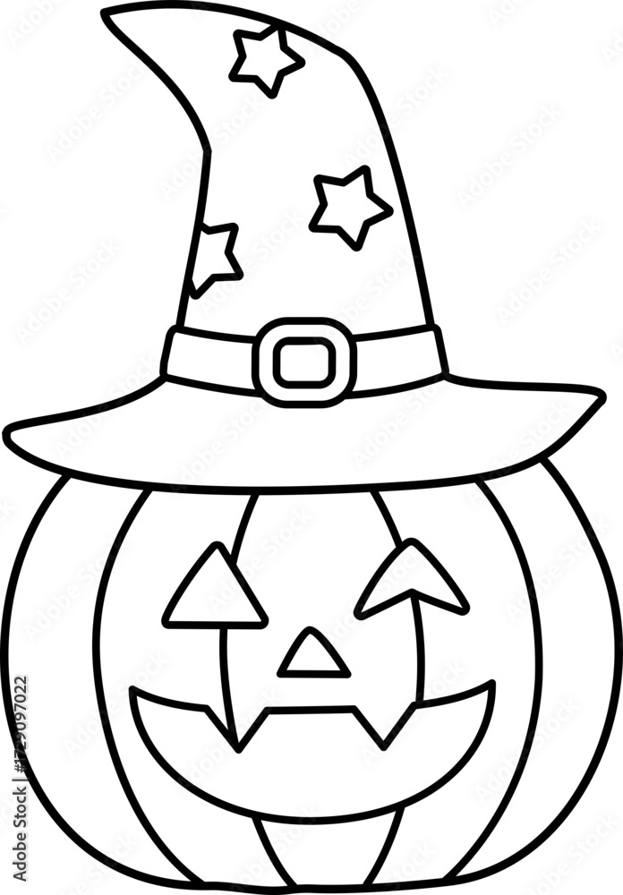 Halloween Jack O Lantern with Witch Hat Vector Illustration Outline ...