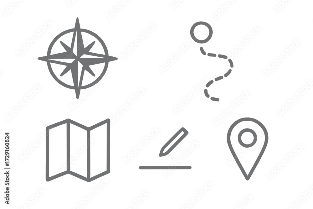 Essential navigation and travel planning icons including compass rose ...