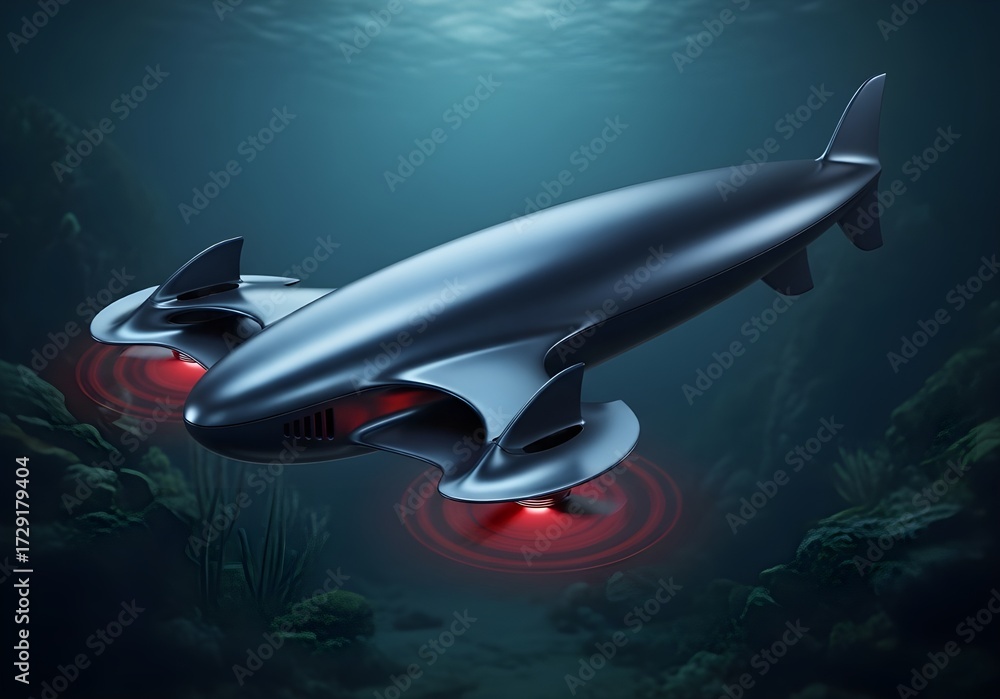 Futuristic autonomous underwater vehicle with glowing red thrusters ...