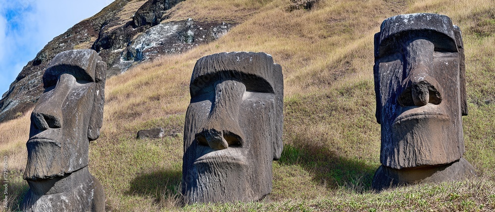 Moai statues stand on a grassy slope under a clear blue sky, revealing ...