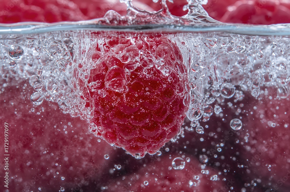Air bubbles descending beneath the surface as a raspberry drops into ...