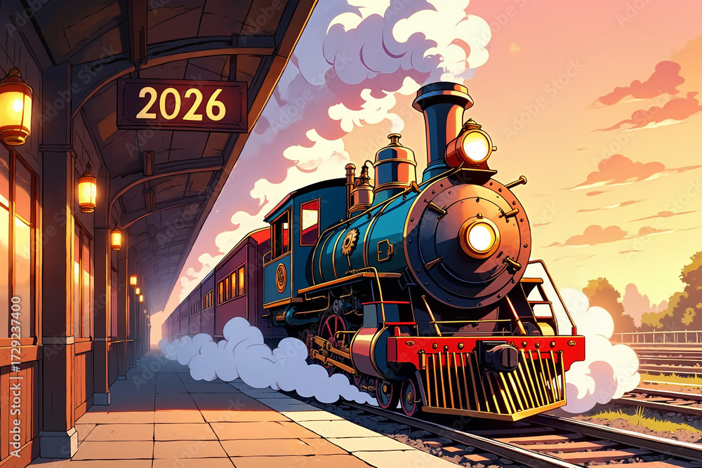 Stylized Steam Train at a Station with a 2026 Sign in Sunset Colors for ...