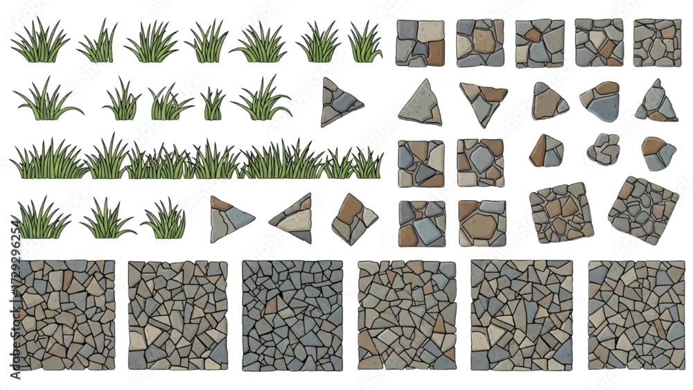 Grass and Broken Tiles Mosaic CAD Pattern – Vector Line Art Texture for ...