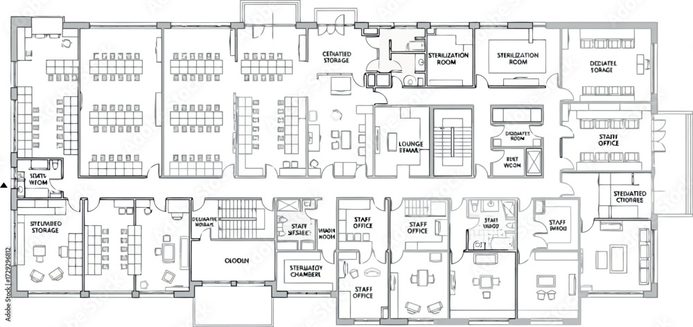 Vector art of architectural blueprint of a commercial building floor ...
