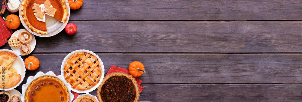 Homemade autumn pie corner border. Top down view on a dark wood banner ...